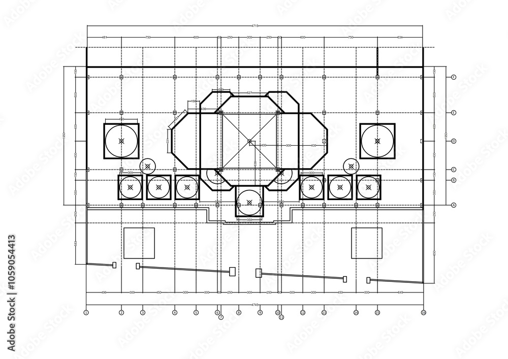 2D top view floor plan of a dome-roof structure with detailed notations ...