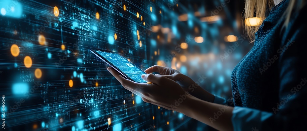 Dynamic image of a CEO interacting with a team of employees, using digital tools to delegate ...