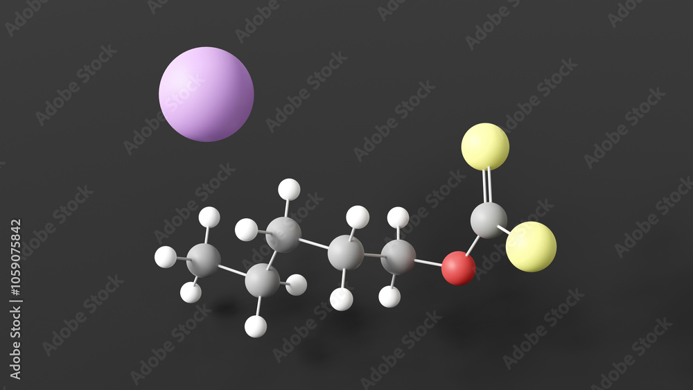 potassium amyl xanthate molecule 3d, molecular structure, ball and ...