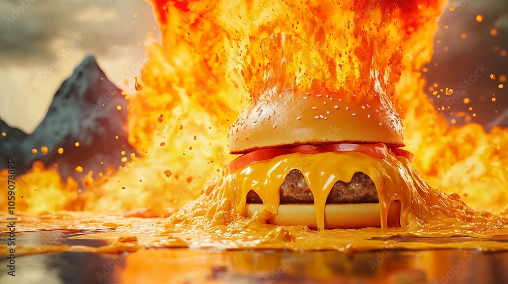 Ilustrace eruption Lot of Melted Cheese eruption from mountain cheese ...
