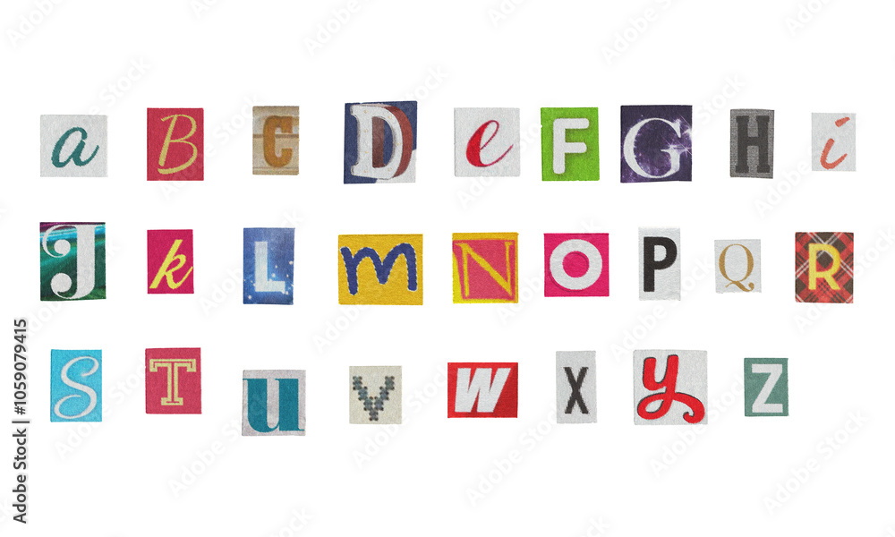 Set of cut-out English alphabet letters from magazines on a transparent ...