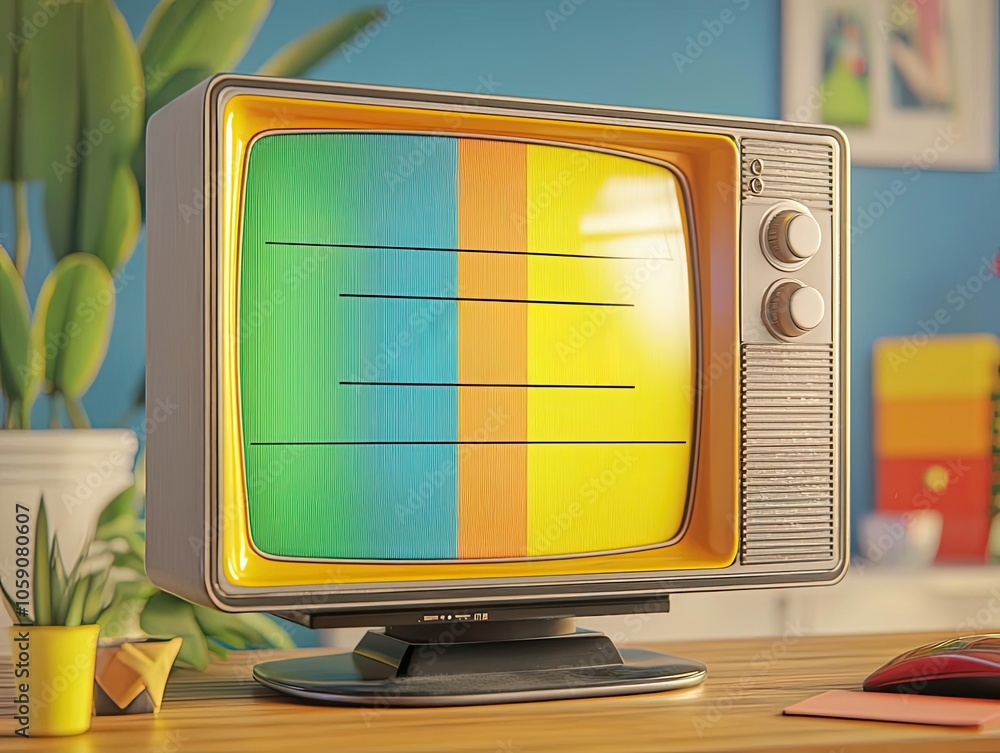 1980s television in static with color bars, bold block text reading ...