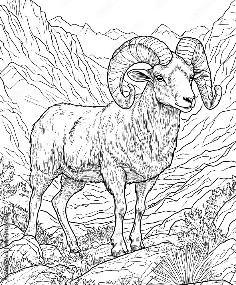 cute bighorn sheep in the mountains, a simple coloring page for kids ...