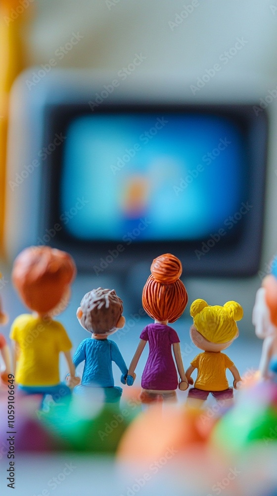 Colorful toy figurines sit in front of a blurry TV screen, evoking ...