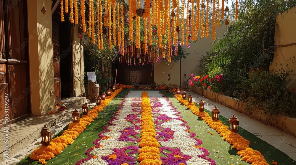 Beautifully decorated entrance with a colorful rangoli, rows of diyas ...