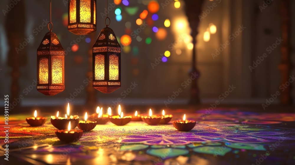 Beautifully decorated Diwali lanterns hanging in front of a glowing ...