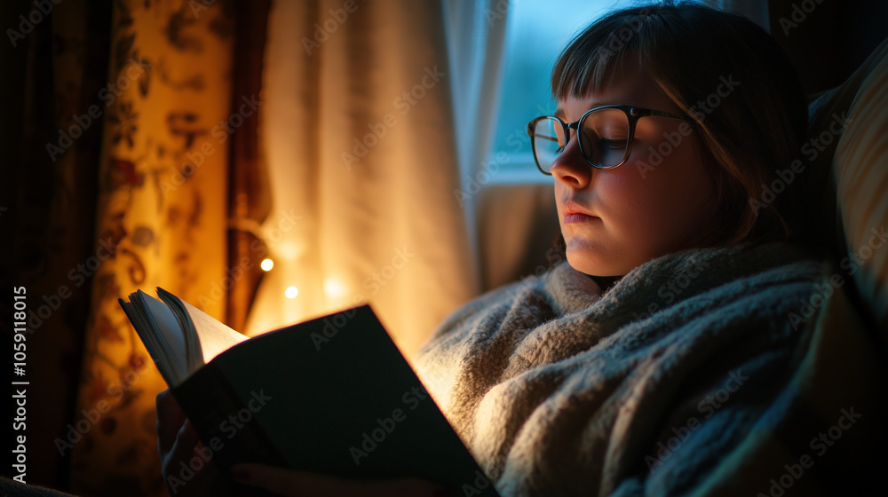 Woman reading a book by warm light in a cozy setting, wearing glasses ...