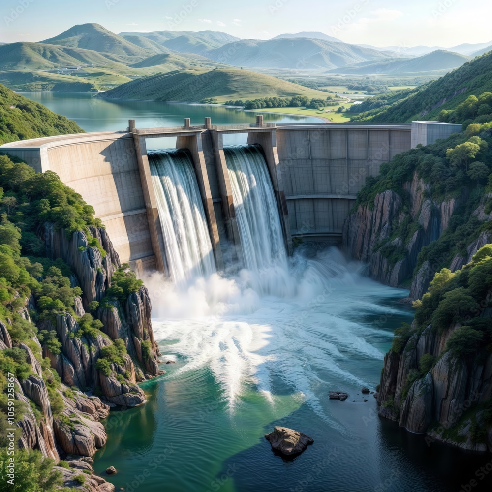 Dam Overflowing with Water. Powerful streams of water cascade down a ...