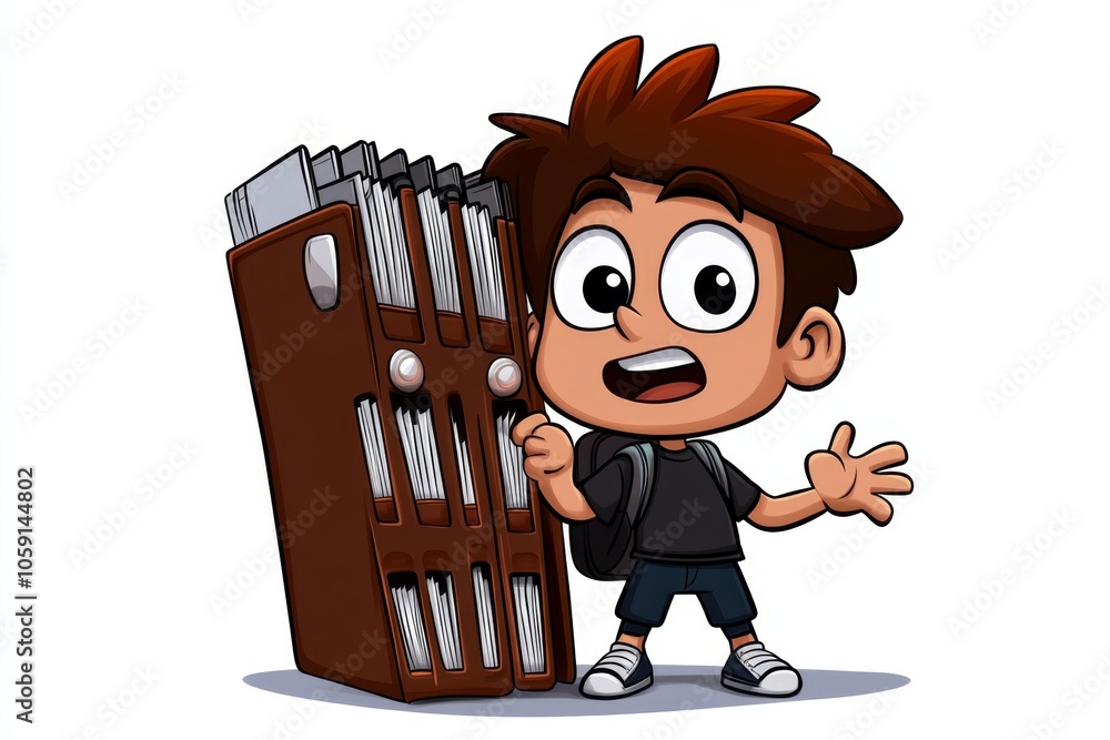 a 2D cartoon illustration of a student organizing files in a binder ...