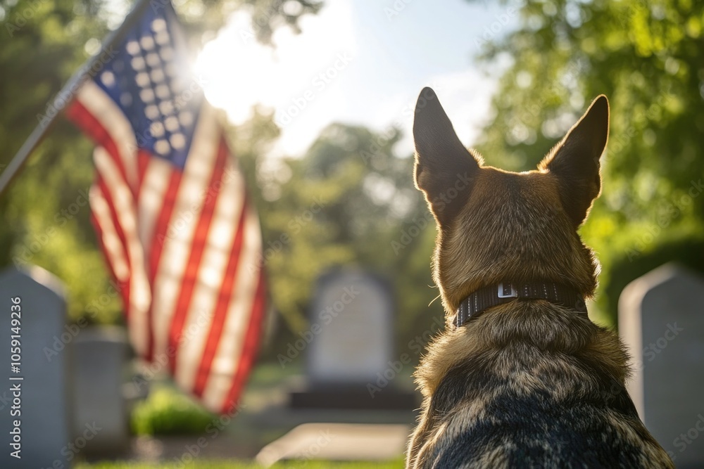 Honoring fallen veterans, a dog of the K9 unit stands at attention next ...