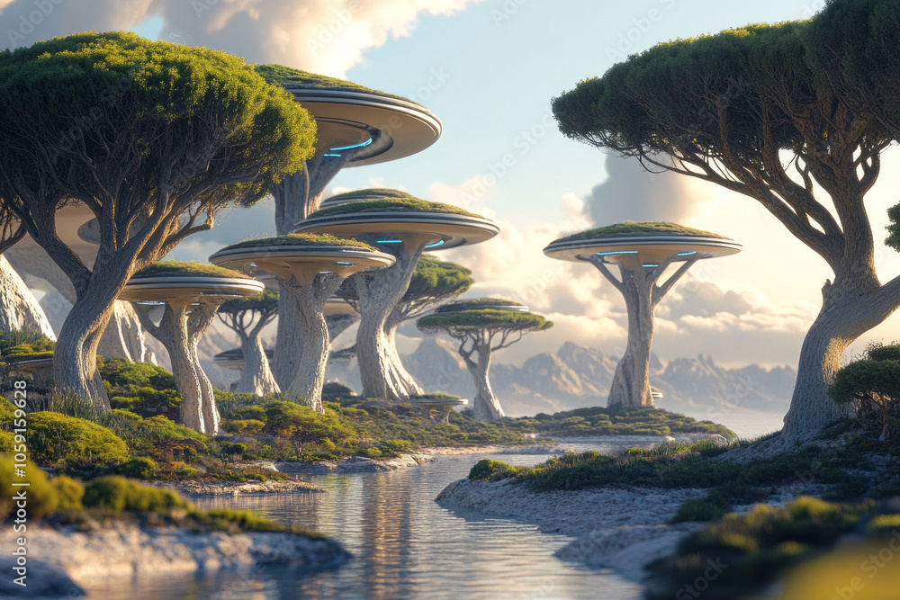futuristic trees in a cyberpunk sci-fi fantasy landscape Stock Photo ...