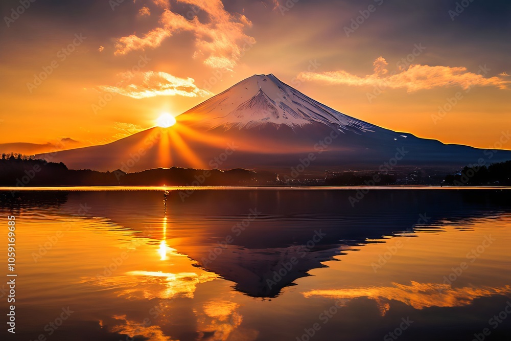mount fuji at sunrise japans iconic mountain is bathed in golden Stock ...