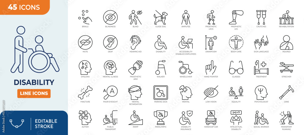 Disability line editable icon set. Vector illustration in modern thin ...