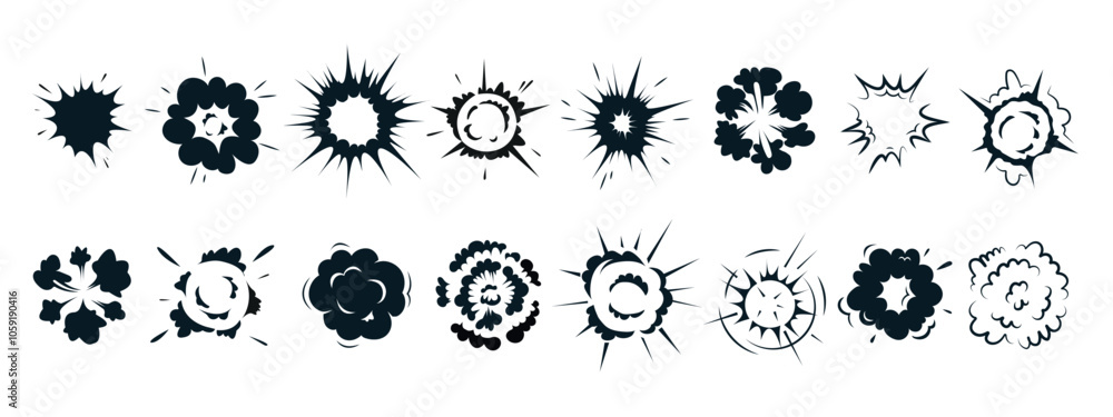 Radial explosive effect. Vector set. Exploded bomb effect silhouettes ...