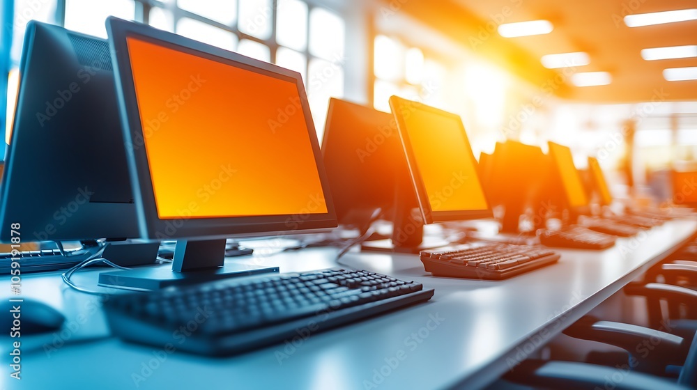 Office Computers With Orange Screen Smooth Blue Background with Copy ...