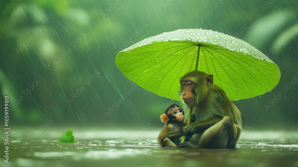 Mother monkey and baby sharing a large leaf as umbrella in rainforest rain, depicting family ...