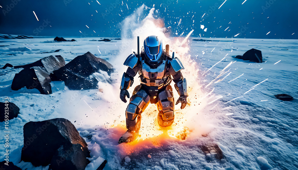 Astronaut, alien, robot in armored spacesuit in action on snowy planet ...