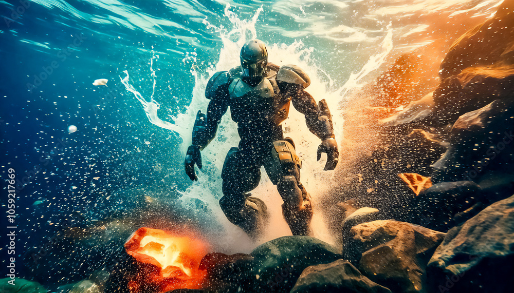 Astronaut, alien, robot in armored spacesuit in action underwater on ...