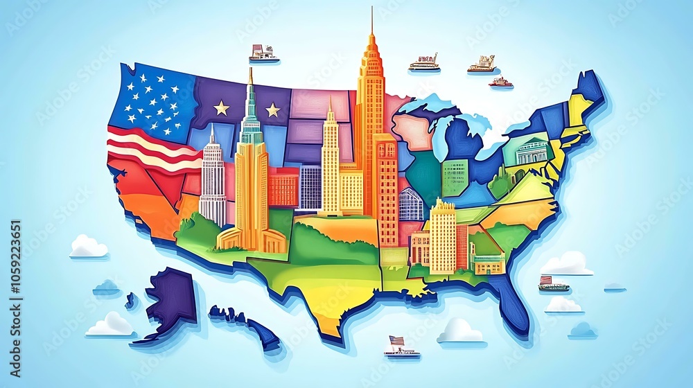 United States map with major landmarks highlighted in a modern style ...