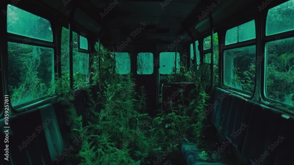 Overgrown Abandoned Bus Interior with Lush Greenery in an Eerie ...