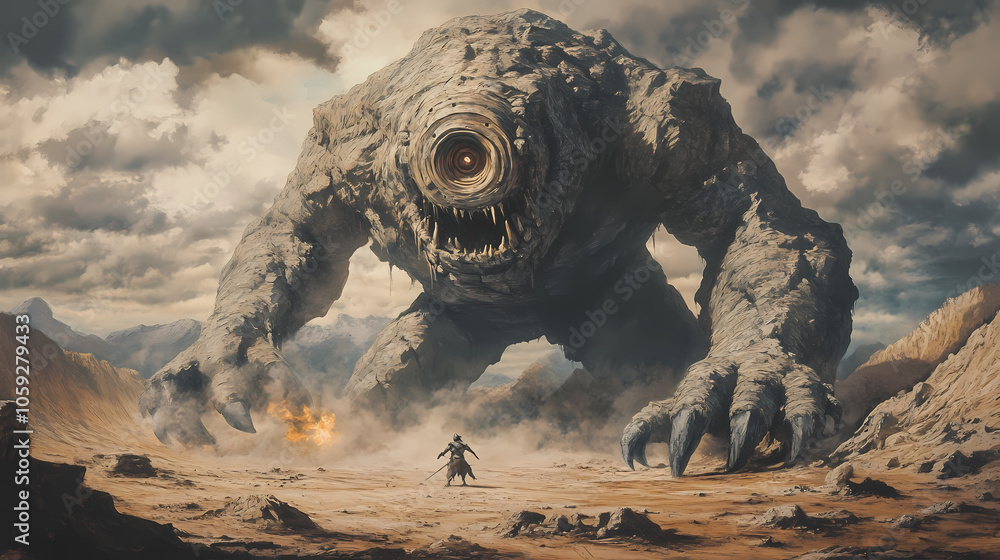 Colossal cyclops guarding a desert cave in a barren landscape. Giant ...
