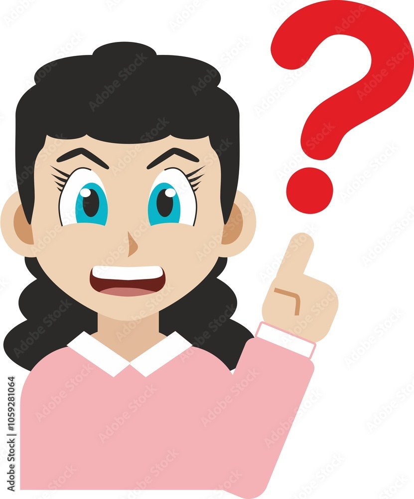 Anime style illustration of a woman showing a question mark isolated on ...
