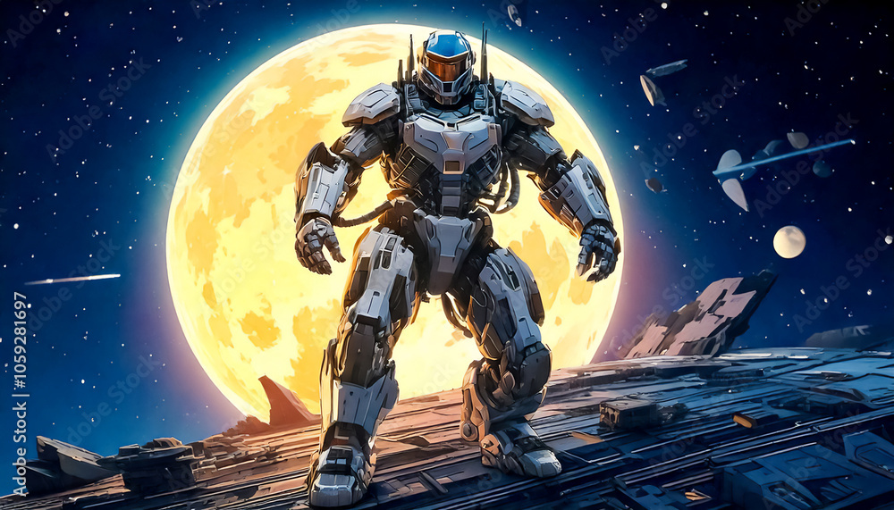 Astronaut, alien, robot in armored spacesuit in action on a spaceship ...