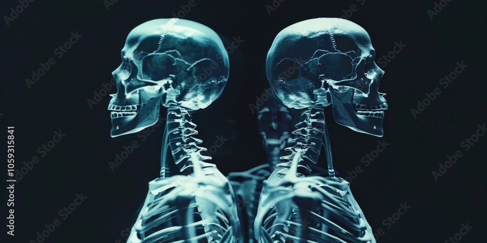 Two skeletons facing each other with their backs to the viewer ...