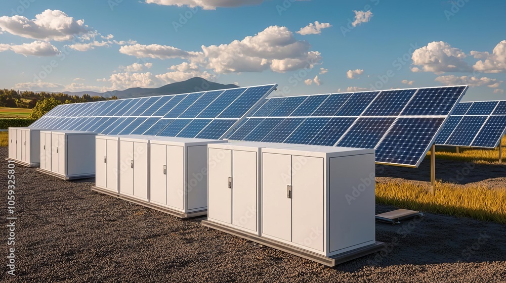 Solar farm with battery storage units in a minimalist 3D landscape, net ...