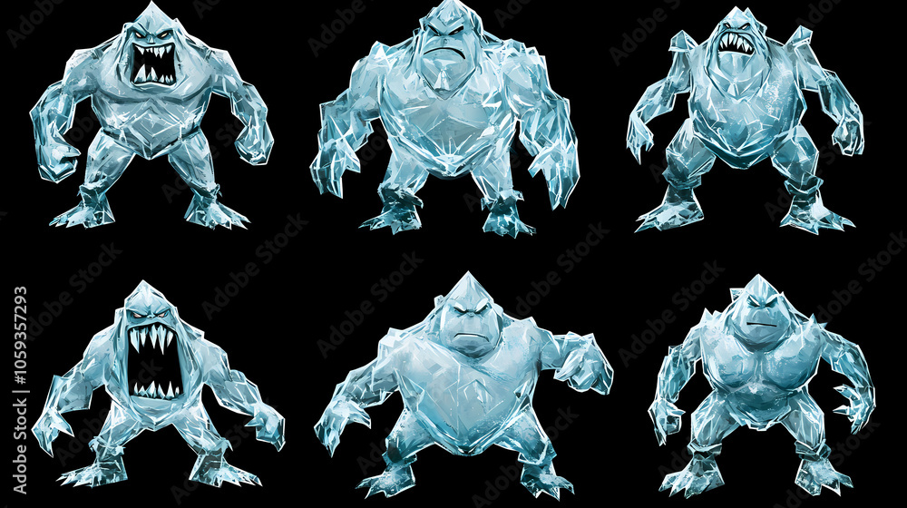 Various poses of ice golems isolated on black background. modern illustration of big crystal ...