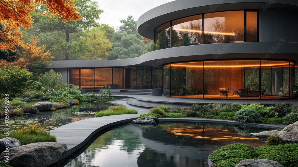 Modern house with curved glass windows and a zen garden with a pond and ...