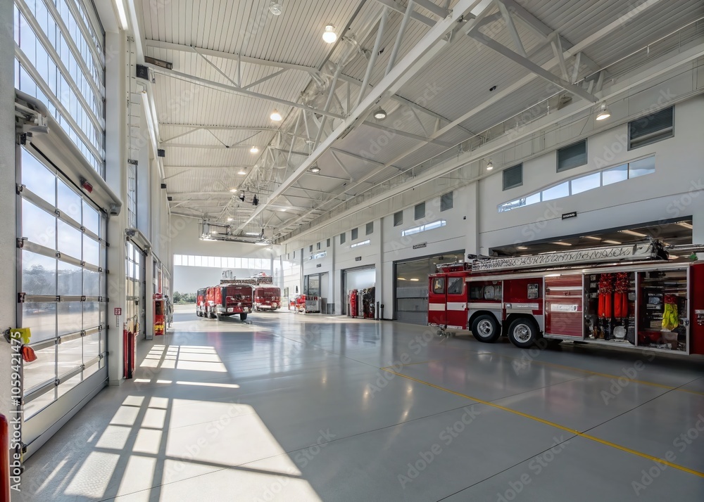 Spacious Interior of a Modern White Fire Station with Equipment and Vehicles for Fire Safety and ...