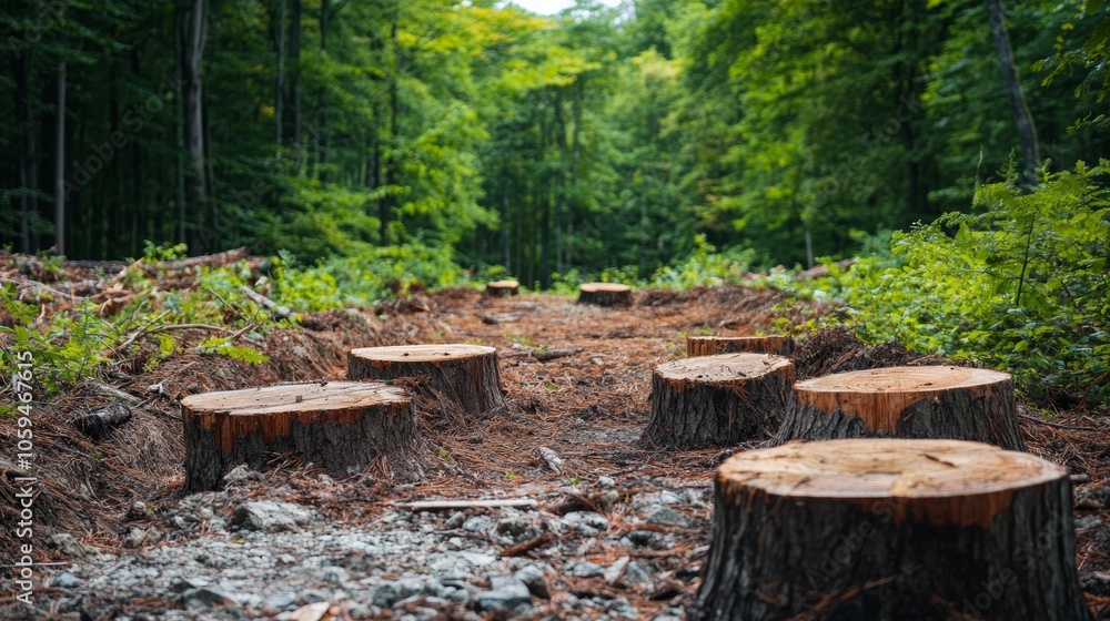 A forest clearing with stumps promoting the message of deforestation ...