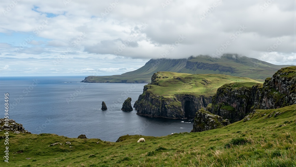 Picturesque Isle of Skye landscape with cliffs green hills sheep and ...