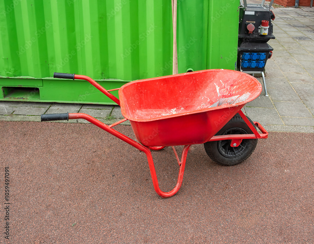 red steel wheelbarrow stands outside on the asphalt next to a green ...
