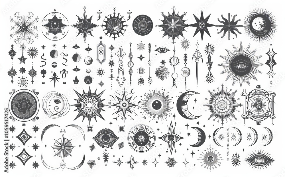 Celestial mystic esoteric magic elements: moon, clouds and phases of ...