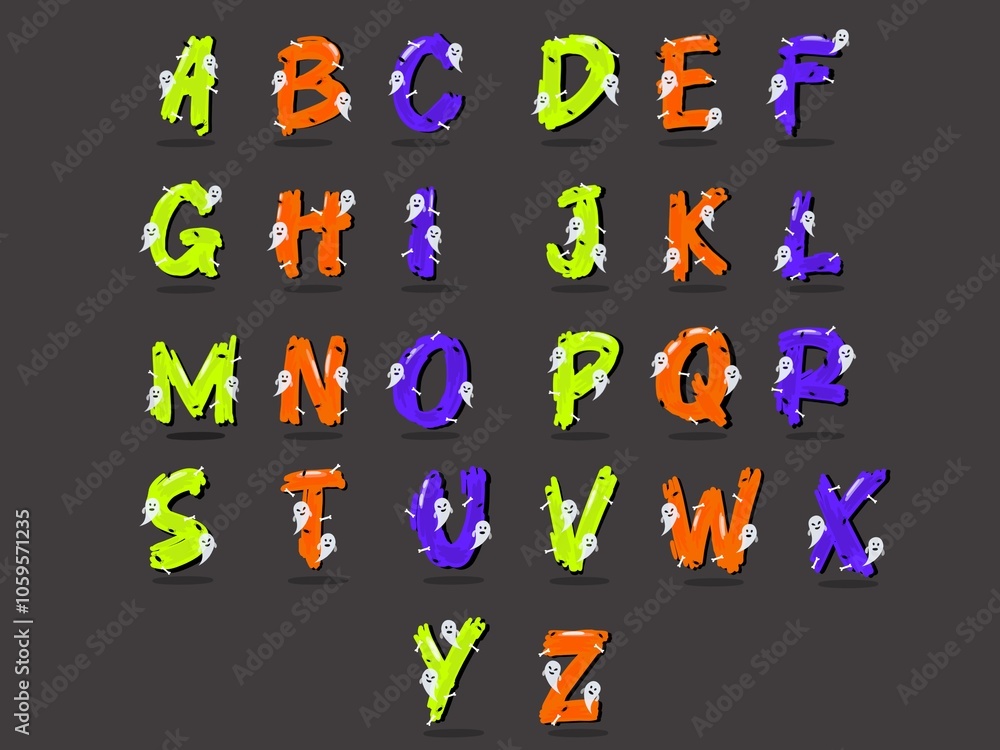 Set of Cartoon Halloween alphabets, evil type, funny scary typeface ...