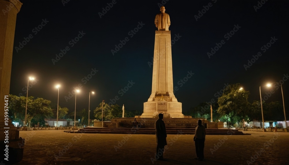 A shot of Ambedkar Chauraha at night, with the monument softly lit and ...