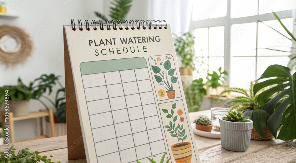 A detailed planner with a plant watering schedule, dates and checkboxes ...