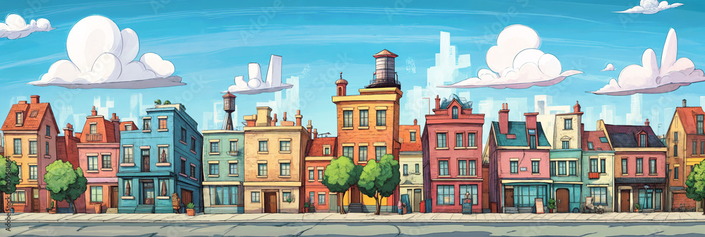 Fantasy Cartoon City Streetscape Background Panorama Concept Drawing ...