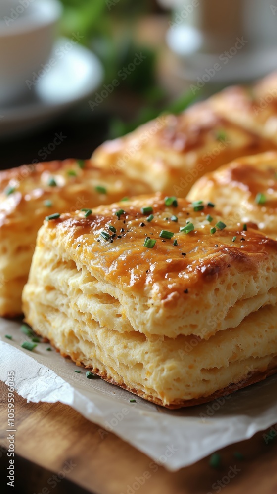 Flaky cheddar biscuits garnished with chives, baked to golden ...
