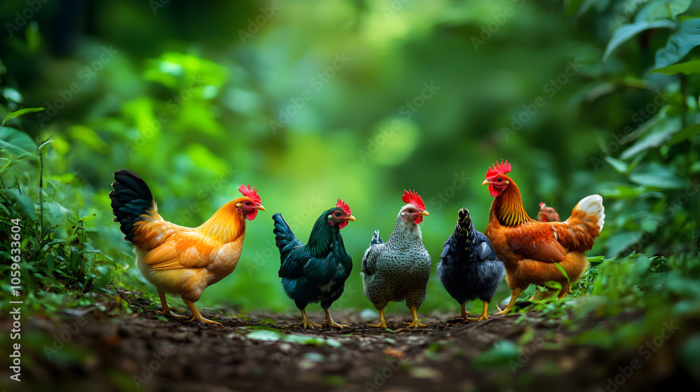 un grupo de gallinas en el campo al aire libre cacareando aves de ...