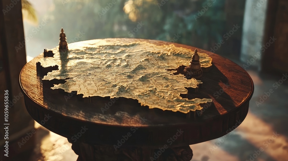 A detailed 3D map of a fictional land sits on a wooden table. The map ...