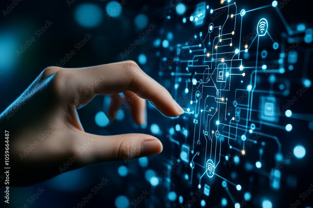 Two fingers hovering over a digital network display, illustrating ...