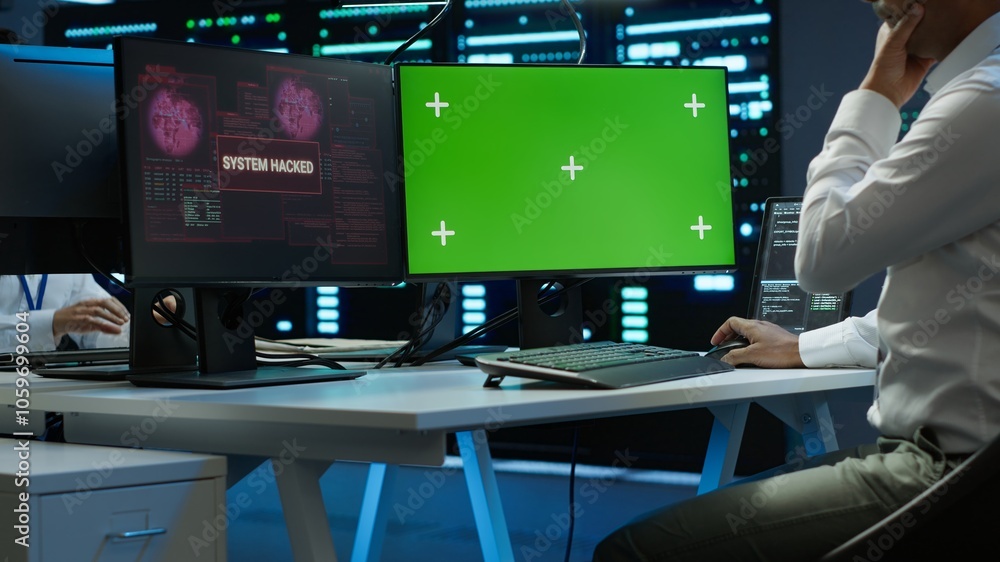 Engineer in server hub using green screen PC to stop hacker passing ...