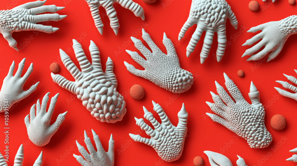 Abstract 3D of textured alien hands and spheres on a vibrant red ...