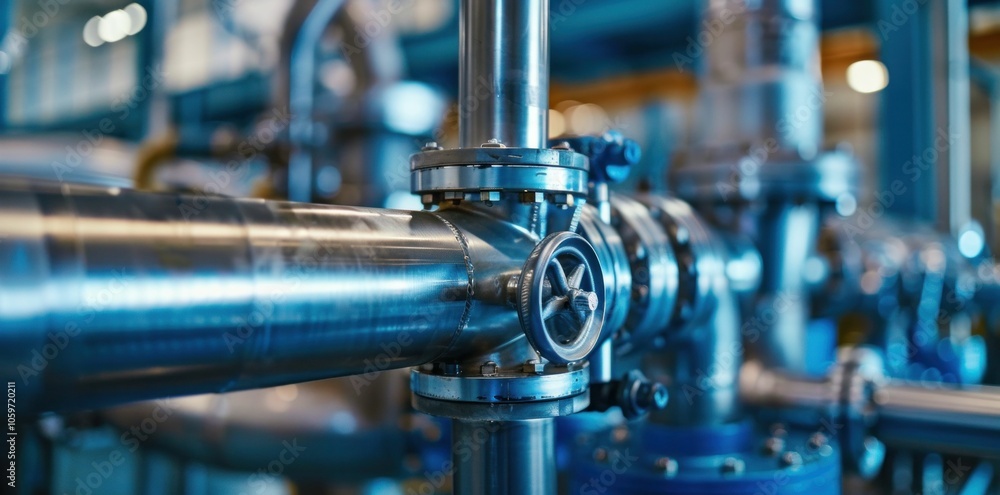 industrial piping, stainless steel, close up of valves and fittings in ...