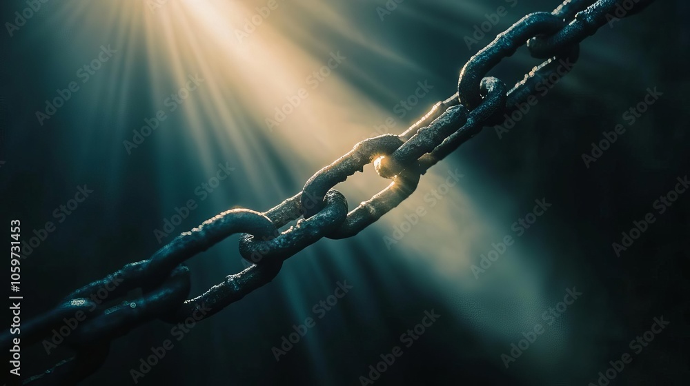 A broken chain link with light rays shining through the gap ...