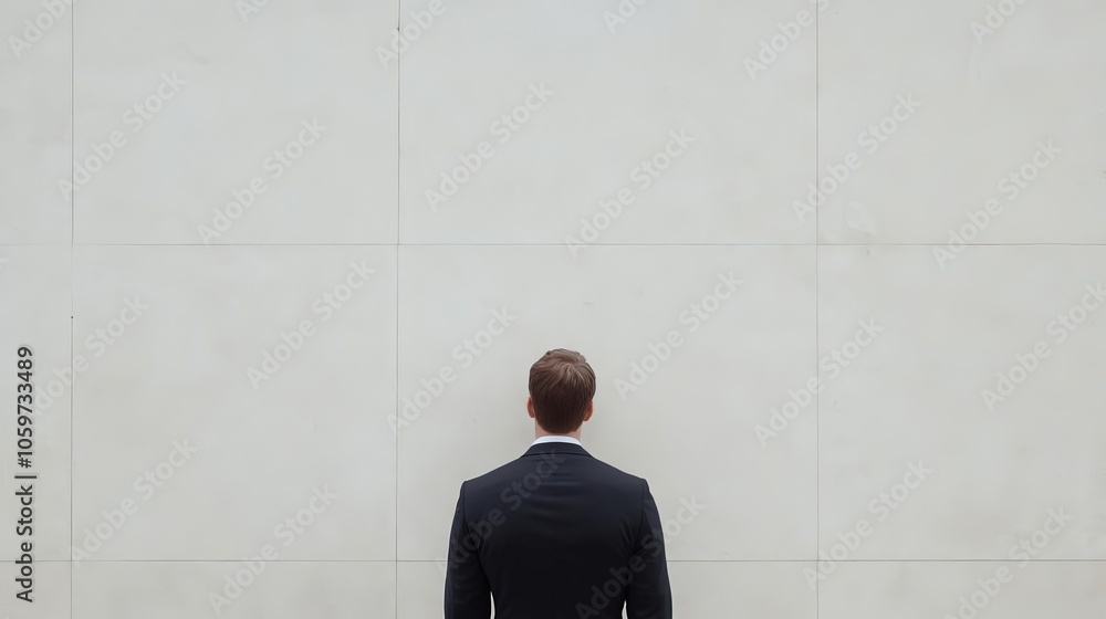 Wide shot from behind, businessman in formal attire, head tilted back ...