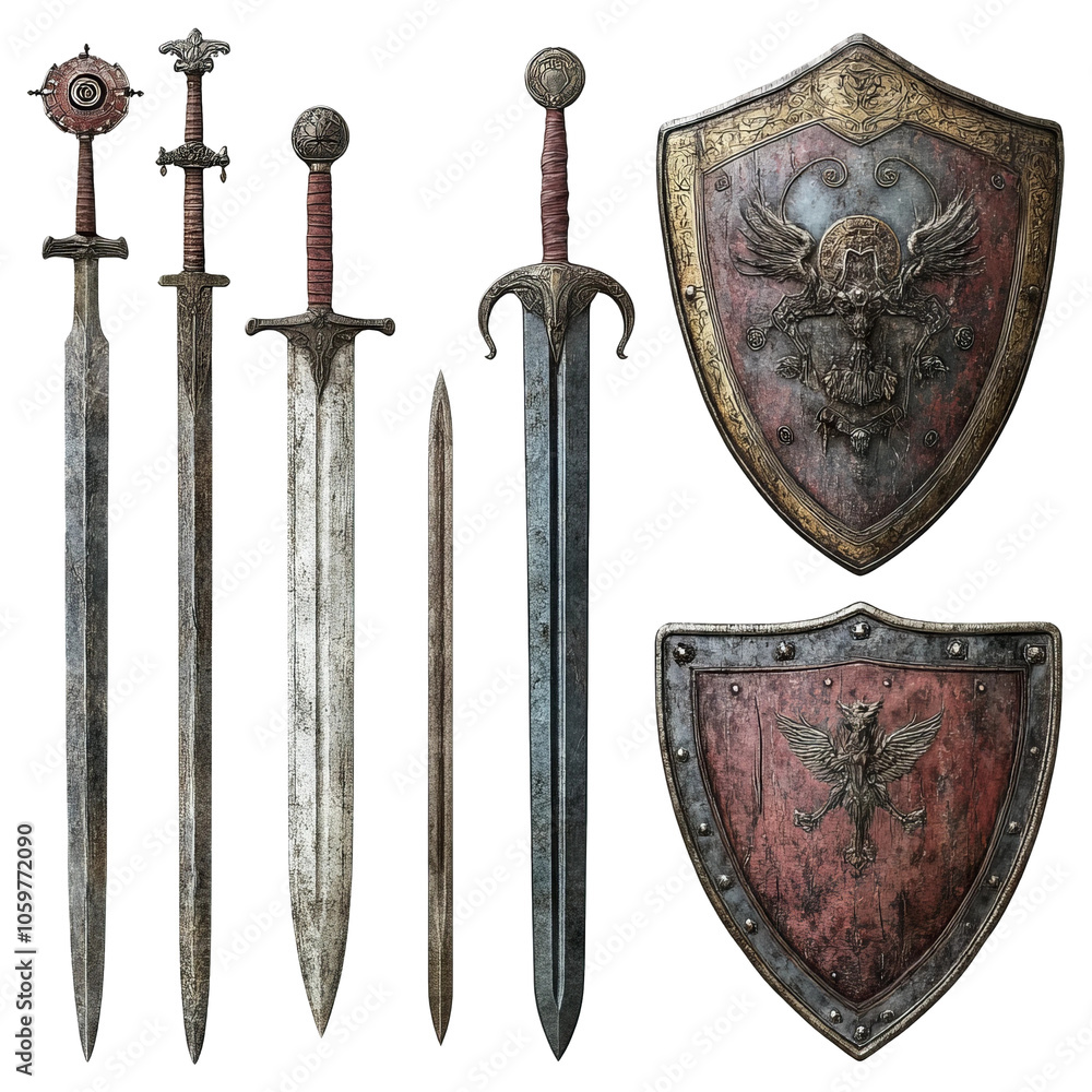 Realistic Medieval Swords and Shields on Transparent Background Stock ...